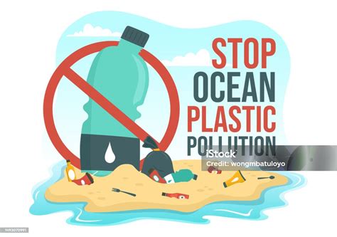 쓰레기 봉투 쓰레기 병과 같은 바다 밑의 쓰레기가 있는 해양 플라스틱 오염 벡터 일러스트레이션을 평면 만화 손으로 그린 템플릿에 멈추십시오 0명에 대한 스톡 벡터 아트 및