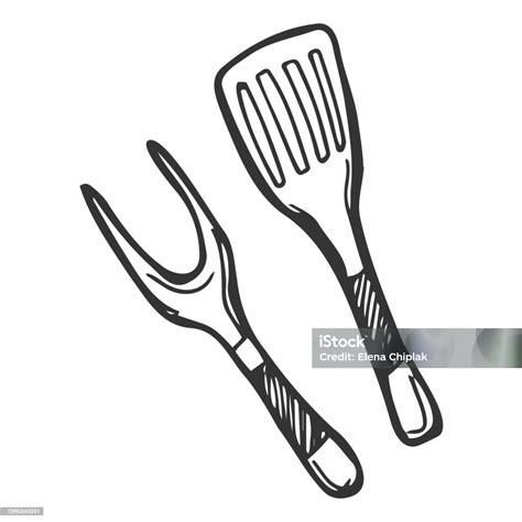 바베큐 주걱 낙서 바베큐 칼 붙이 손으로 그린 벡터 일러스트 레이 션 건강한 식생활에 대한 스톡 벡터 아트 및 기타 이미지 건강한 식생활 고기 굽기 Istock
