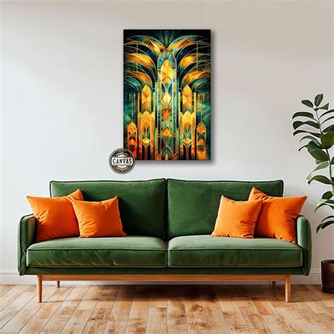 Stunning Art Deco Framed Wall Canvas Golden And Teal Geometric Art Deco