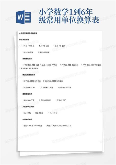 小学数学1到6年级常用单位换算表word模板下载编号lyvamgaa熊猫办公