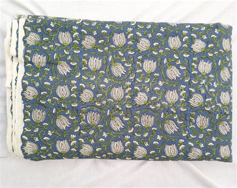 Blue Lotus Print Cotton Fabric Indian Cotton Fabric Block Etsy