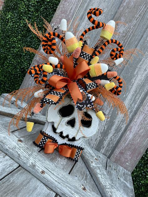 Skeleton Head Candy Corn Halloween Arrangement Whimsical Spooky