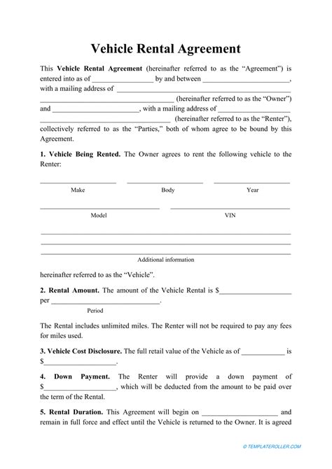 Vehicle Rental Agreement Template Download Printable
