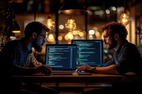 Collaborative Programmers Coding Together At A Modern Office Table With Laptops Premium Ai