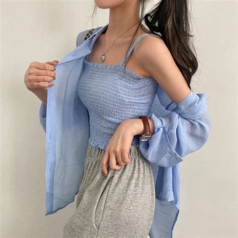 기프티박스 린넨 스모크 밴딩 셔링 크롭 나시 셔츠 블라우스 세트