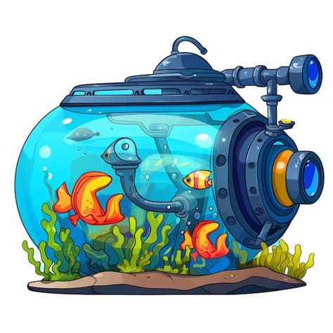 Submarino de dibujos animados con una cámara y peces en el acuario ai