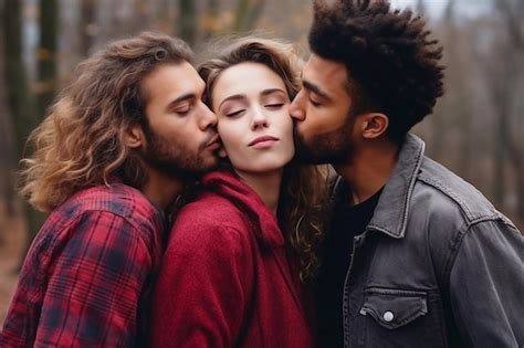Premium Photo Two Men Kissing A Girl Cheek Portrait Of Two Guys