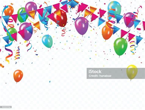 五顏六色的氣球生日快樂向量圖五彩紙屑和絲帶慶祝背景範本向量圖形及更多事件圖片 事件 在上面 夏天 Istock