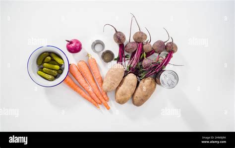 Flat Lay Step By Step Ingredients To Prepare Vinaigrette Salad On The