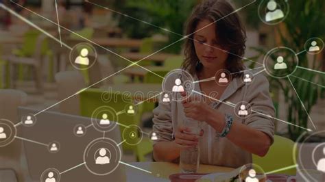 Animation Of Profile Icons Connecting With Lines Over Woman Drinking Water While Working On