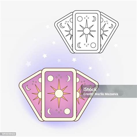 세 개의 타로 마법 카드 그리기 벡터 플랫 일러스트레이션 아이콘 스티커 마법과 할로윈 일러스트레이션 색칠 공부 페이지 타로 카드에 대한 스톡 벡터 아트 및 기타 이미지