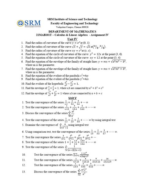 Assignment Iv 21mab101t Calculus And Linear Algebra Pdf Equations