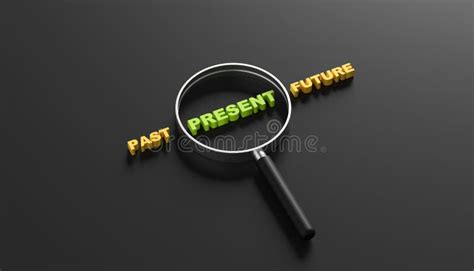 The Words Past Present And Future With A Magnifying Glass Focused On