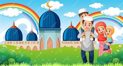 Мусульманская семья в мультяшном стиле Премиум векторы