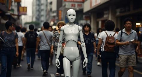 A Humanoid Robot With A Sleek White Body And Articulated Joints Is Walking Stock Illustration
