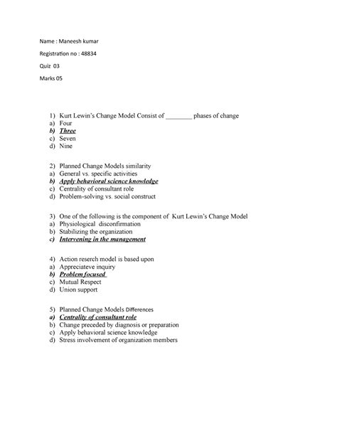 Otd Quiz Quiz Name Maneesh Kumar Registration No Quiz Marks Kurt Lewins