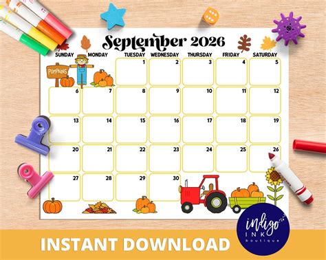 September Calendar Instant Download Monthly Planner Digital Calendar