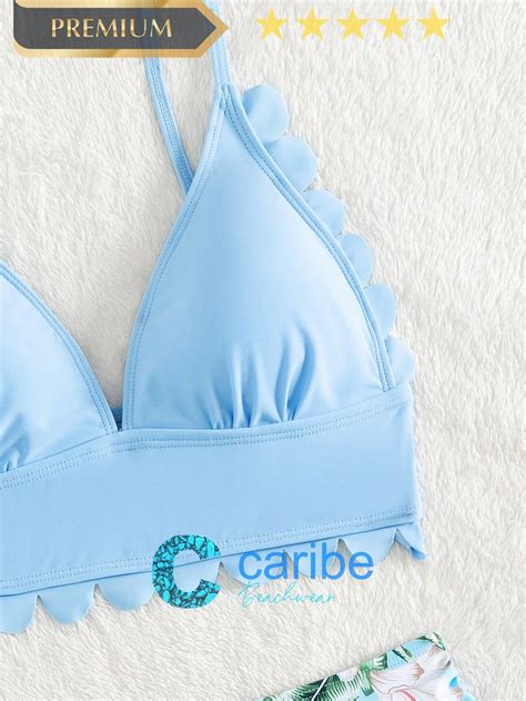 Bañador Bikini Push Up Con Estampado Tropical Ribete En Abanico