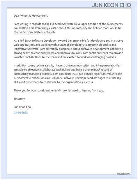 Cover Letter For Full Stack Software Developer LazyApply