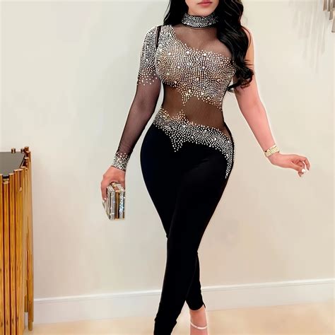 Sexy One Shoulder Slim Jumpsuit Mesh Long Sleeve Waist Party Club Night Jumpsuit Women S
