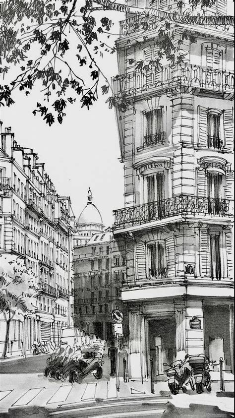 A Drawing Of A City Street With Cars And Buildings