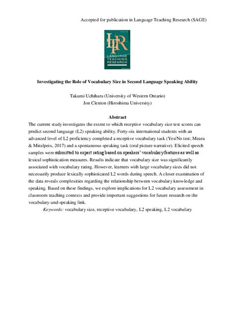 Pdf Investigating The Role Of Vocabulary Size In Second Language Speaking Ability