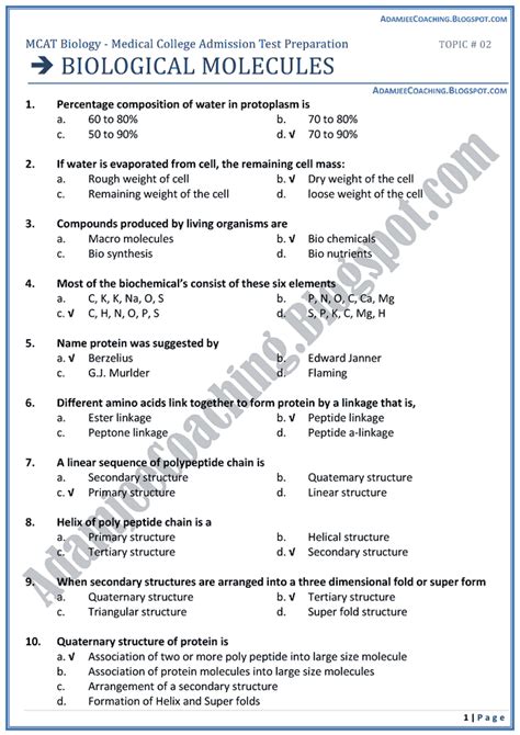 Adamjee Coaching MCAT Biology Biological Molecules Mcqs For Medical Entry Test