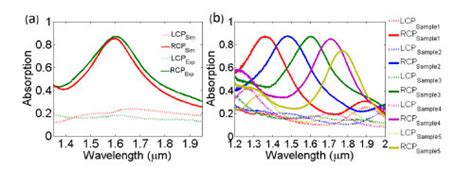 A Simulated And Measured Absorption Spectra Of The Chiral Metasurface