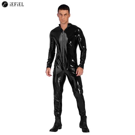 Men S Wet Look Patent Leather Full Body Jumpsuit Long Sleeve Zipper One