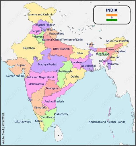 Vetor De Political Map Of India With Names Do Stock Adobe Stock