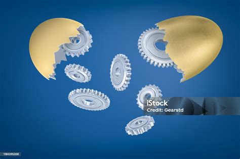 깨진 황금 달걀 껍질과 기어 바퀴의 3d 렌더링은 파란색 배경에 떨어지는 부활제에 대한 스톡 사진 및 기타 이미지 부활제 공학 디자인 Istock