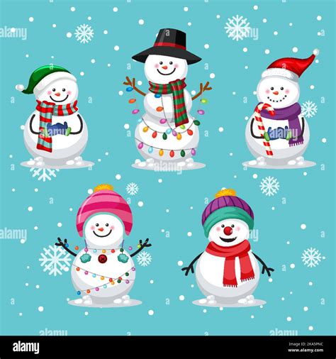 Set Of Different Snowman In Christmas Theme Illustration Stock Vector