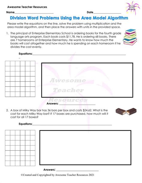 Division Word Problems Using The Area Model Algorithm Worksheet Division Word Problems Word