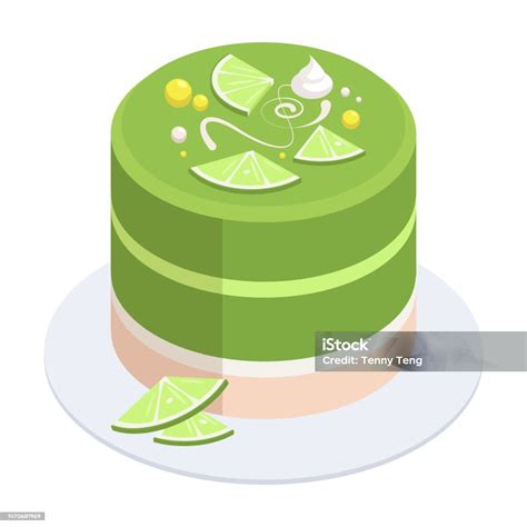 아이소메트릭 레몬 치즈케이크 레몬 또는 라임 프로스팅 감귤류 유약 케이크 라임 케이크 3d 벡터 일러스트레이션을 곁들인 구운 과자 디저트 3차원 형태에 대한 스톡 벡터 아트