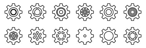 기어 아이콘 세트입니다 기어 아이콘 설정 기계식 외곽선 톱니바퀴 모음 간단한 기어 휠 컬렉션 기어 아이콘 실루엣 흰색 배경에 톱니바퀴 기호가 있는 벡터 그림 강철에 대한