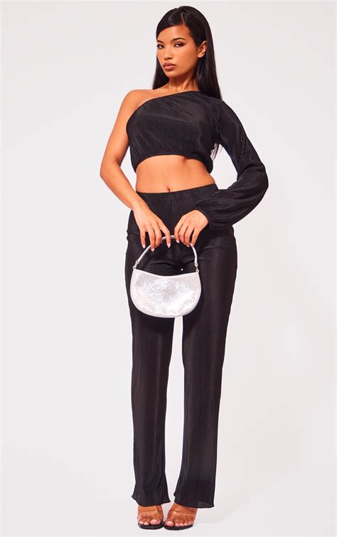 Ensemble Plissé Noir À Pantalon Et Crop Top Asymétrique Ensembles