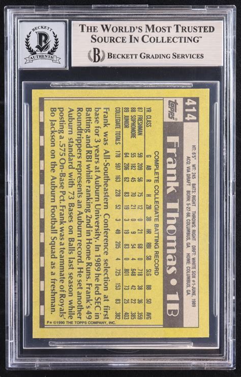 Frank Thomas Signed 1990 Topps 414b Rc Bgs Auto 10 Pristine Auction