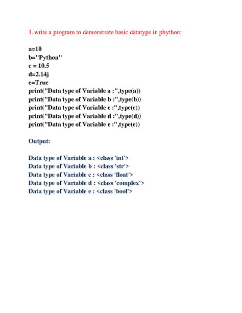 Python Lab Manual 1 Write A Program To Demonstrate Basic Datatype In