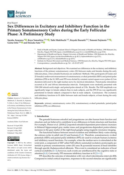 Pdf Sex Differences In Excitatory And Inhibitory Function In The Primary Somatosensory Cortex
