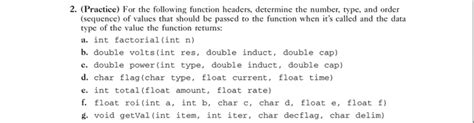 solved 2 practice for the following function headers