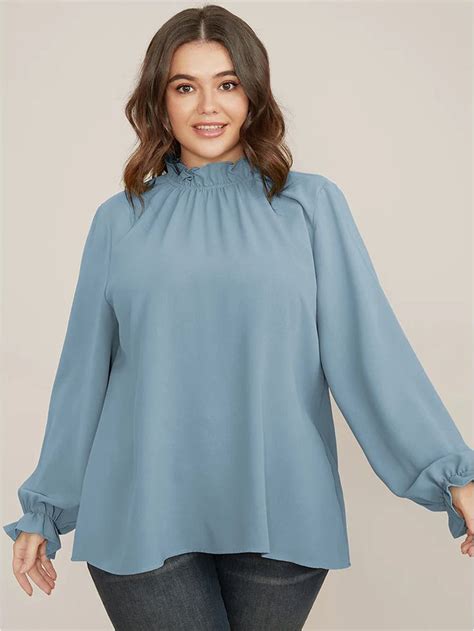 Plain Lantern Sleeve Ruffle Trim Mock Neck Blouse Mock Neck Blouse