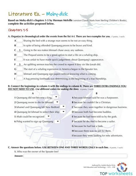Literature Ex Moby Dick Ch 1 5 Interactive Worksheet Topworksheets
