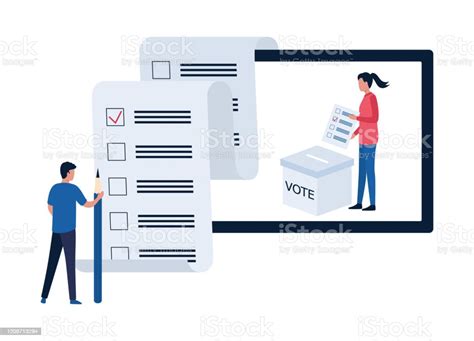 온라인 투표 개념입니다 한 남자가 게시판을 작성하고 한 여성이 선거에서 투표하고 국민투표를 합니다 흰색 배경에 격리된 플랫 벡터 그림입니다 투표소에 대한 스톡 벡터 아트 및