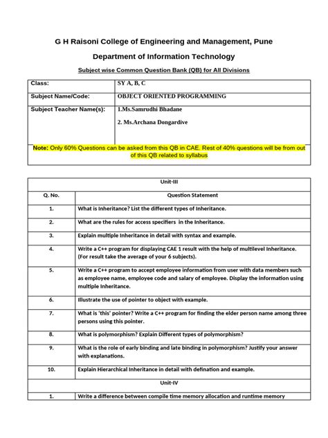 Oop Question Bank Unit 3and 4 Pdf C Class Computer Programming