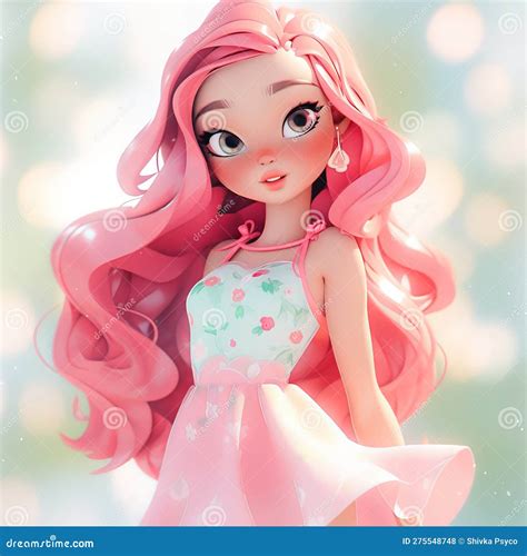 3d Beautiful Girl Long Hair Long In Pink Skirt Generative Ai Stock
