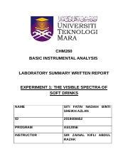 Lab Report Chm Docx CHM BASIC INSTRUMENTAL ANALYSIS LABORATORY SUMMARY WRITTEN REPORT