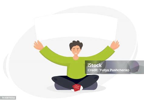 빈 배너를 들고 젊은 행복한 남자 손에 광고 플랫 벡터 일러스트 레이 션 Publicity Event에 대한 스톡 벡터 아트 및 기타 이미지 Publicity Event