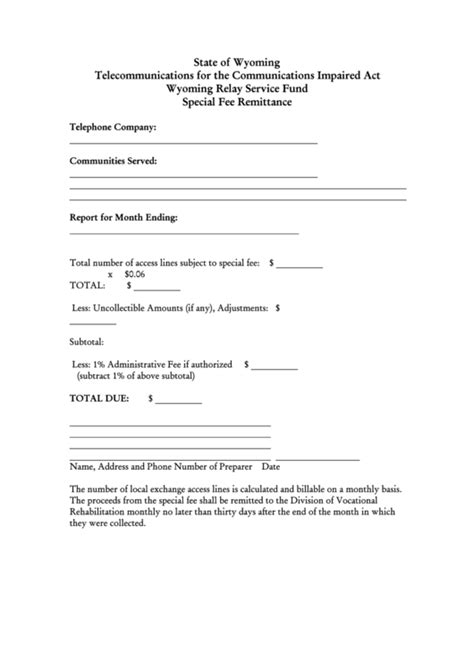 Special Fee Remittance Form Wyoming Relay Service Fund Of