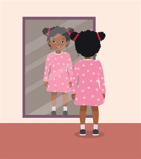 Happy Little African Girl Standing In Front Of Mirror Looking Her