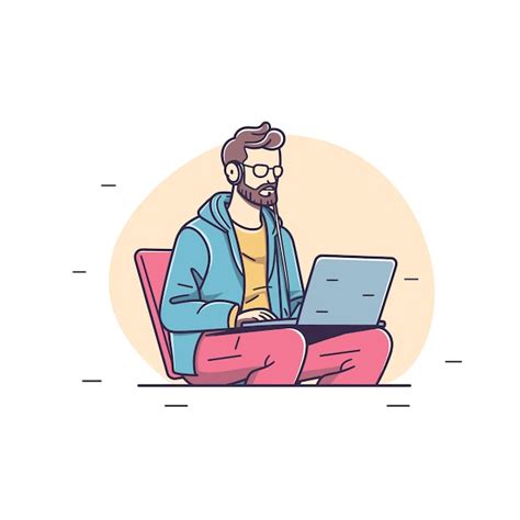 Premium Vector Bearded Man Working Remotely Using Laptop Concentrated